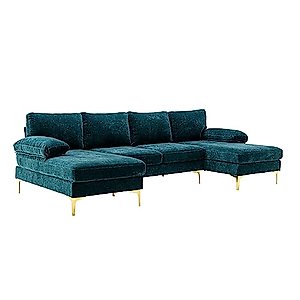 Zaboro 110" U-Shaped Sectional Sofa, 4-Seater Modular Sofa Couch with Double Chaises, Velvet Accent Sofa with Golden Metal Legs & Armrest Pillows, for Living Room, Apartment and Office,Teal Blue