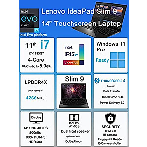 Lenovo IdeaPad Slim 9 9i Pro 14ITL5 14" 4K UHD Touchscreen (Intel 4-Core i7-1195G7, 16GB RAM, 1TB PCIe SSD) Business Laptop, Backlit, Fingerprint, 2 x Thunderbolt 4, IR-Webcam, Windows 11 Pro