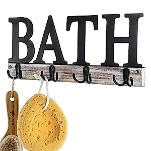 MyGift Wall Mounted Shabby Whitewashed Weathered Wood and Black Metal Bathroom Towel Rack - Bath Cutout Design Hanging Bath Towels Organizer with 4 Double Hooks