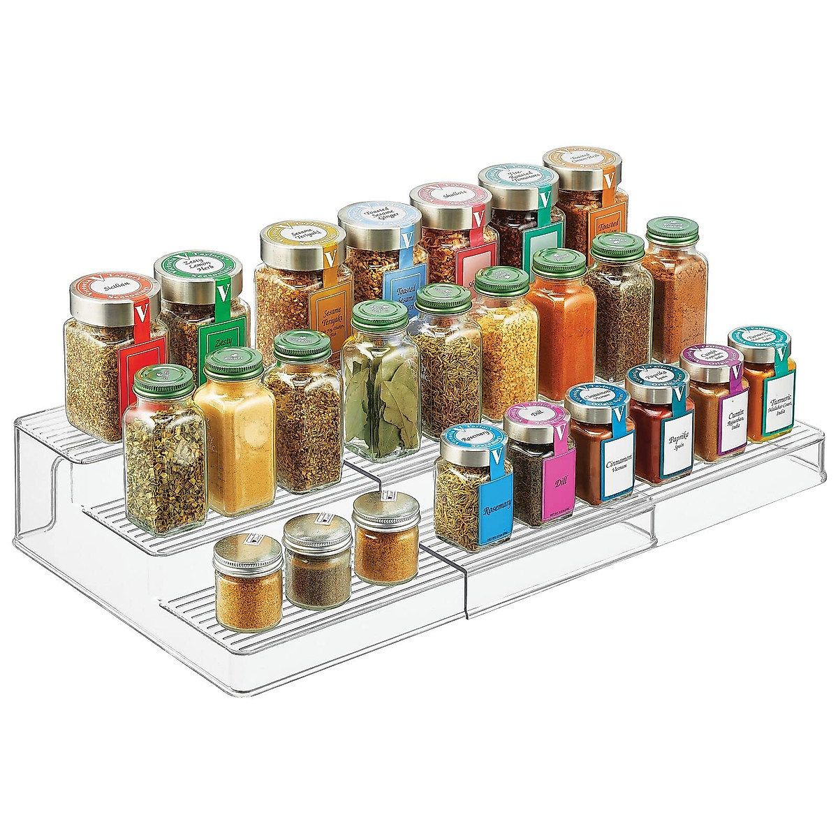 mDesign Plastic Spice and Food Kitchen Expandable Cabinet Shelf Organizer - 3 Tier Storage - Modern Compact Caddy Rack - Holds Spices/Herb Bottles, Jars - for Shelves, Cupboards, Refrigerator - Clear
