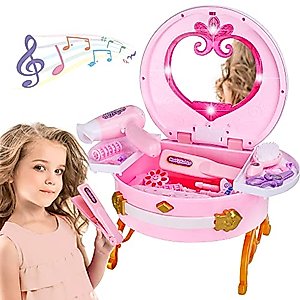 Portable Princess Vanity with Magic Mirror, Kids Makeup Vanity & Styling Tools, Lights and Sounds, Girls Toys Gifts for 3-12 Year Old Kids Toddler Birthday Gift