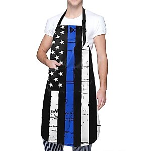 Granbey Blue Lives Matter Cooking Chef Apron Usa Police Flag Baking Aprons Patriotic Kitchen Bib Fourth of July Bibs Waterproof Polyester Bbq Apron with Pockets and with Adjustable Neck Straps Aprons