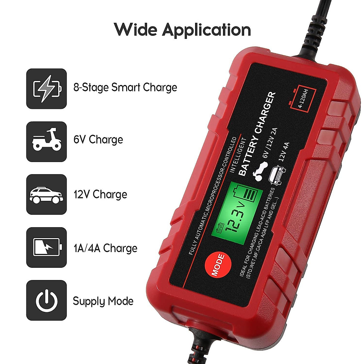 Sailnovo 4A Smart Car Battery Charger, 6V 12V Automotive Charger Maintainer Fully Automatic 8-Stages Trickle Charger for Automotive Motorcycle Car Battery, Portable 4A Car Battery Charger 6V 12V