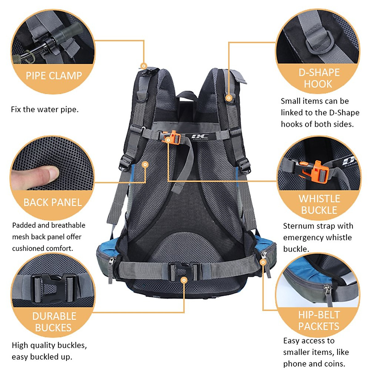 Diamond Candy Waterproof Hiking Backpack for Men and Women, Lightweight Day Pack for Travel Camping, Blue, 40L