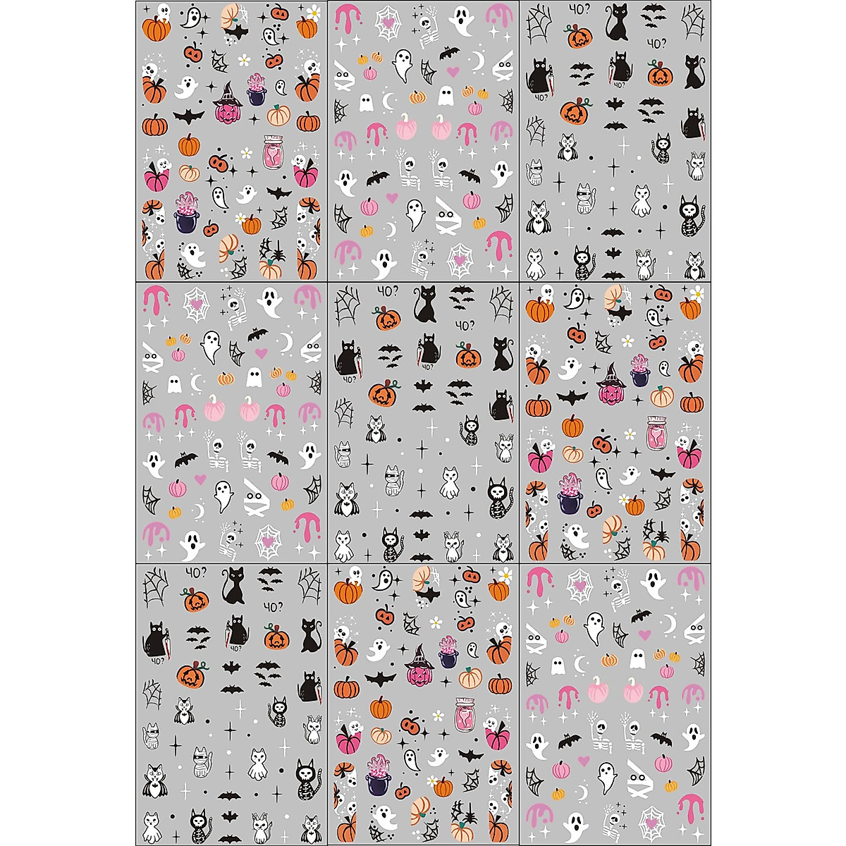 JMEOWIO 9 Sheets Cute Halloween Nail Art Stickers Decals Self-Adhesive Pegatinas Uñas Skull Horror Ghost Witchy Spider Web Bat Pumpkin Spook Nail Supplies Nail Art Design Decoration Accessories