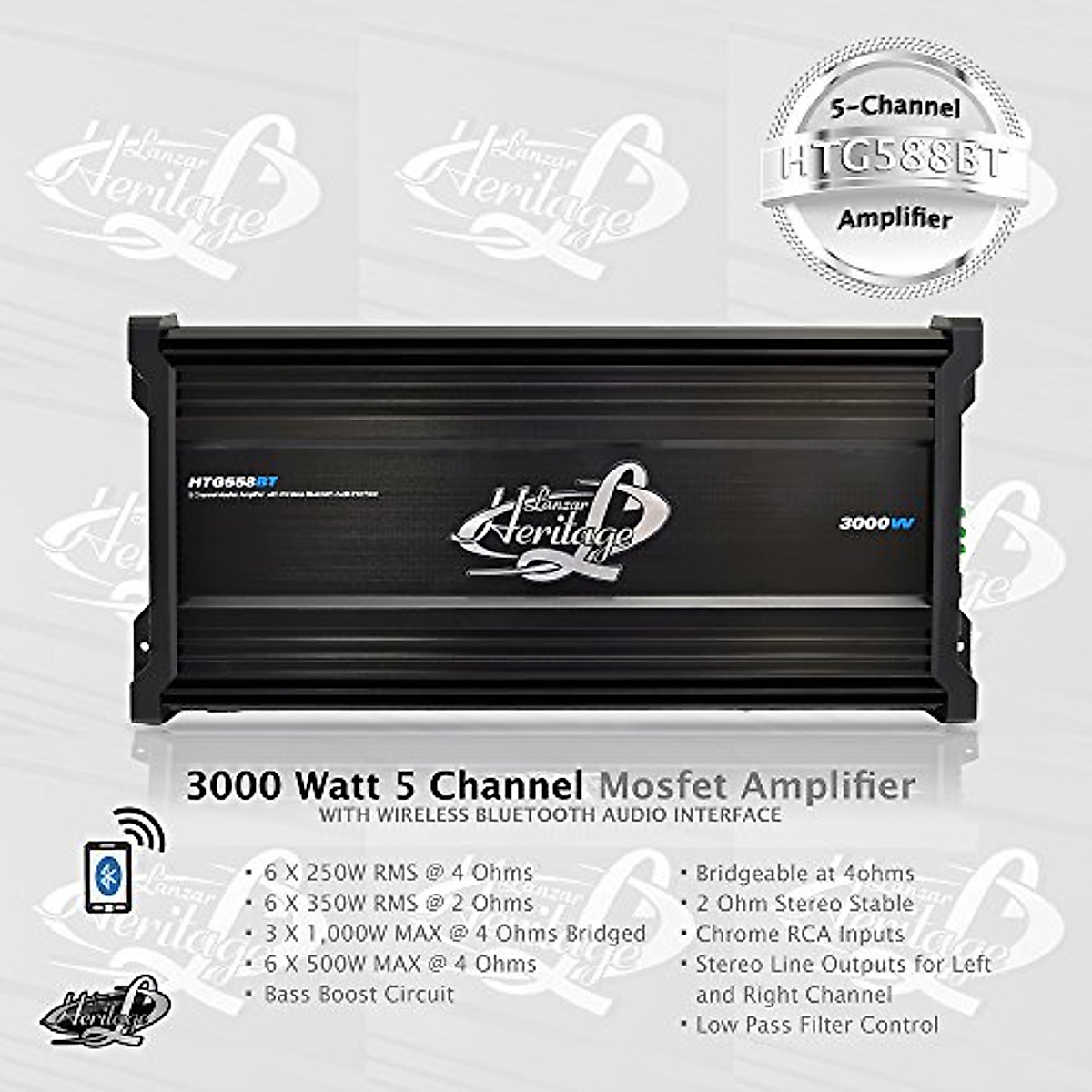 Lanzar Amplifier Car Audio, 3,000 Watt, 5 Channel, 2 Ohm, Bridgeable 4 Ohm, MOSFET, RCA Input, Bass Boost, Mobile Audio, Amplifier for Car Speakers, Car Electronics, Wireless Bluetooth (HTG558BT)