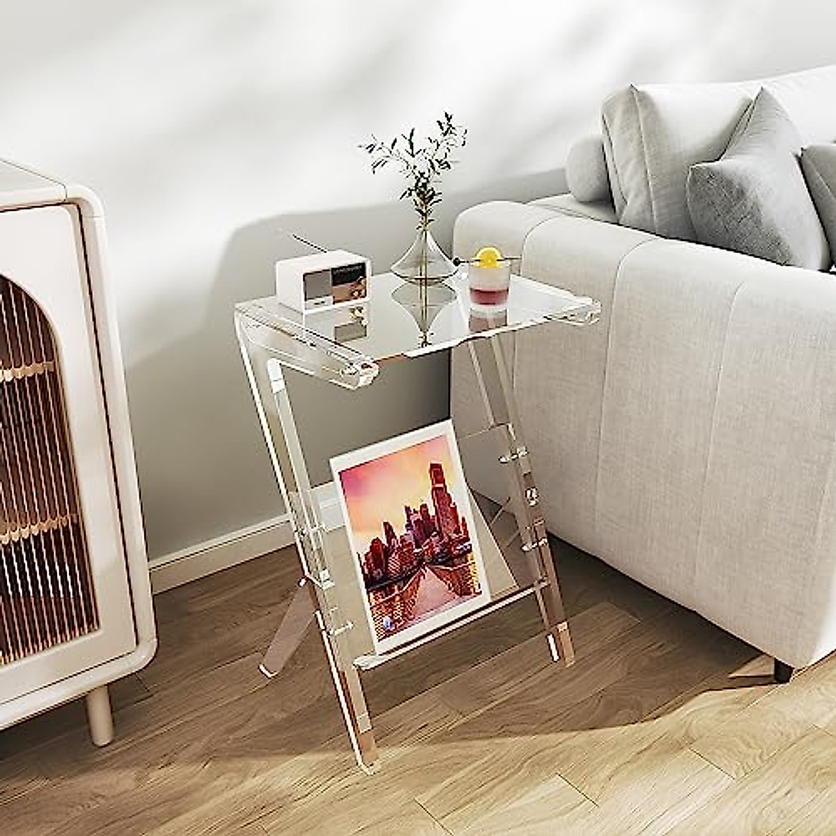 Eglaf Acrylic Side Table - Modern End Table with Magazine Holder - Clear Nightstand Bedside Table for Living Room, Bedroom, Small Space -11.4'' D x 15.4'' W x 23.1'' H, Z-Shaped