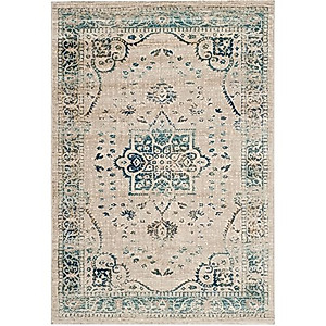 SAFAVIEH Evoke Collection 5'1" x 7'6" Beige / Turquoise EVK509F Oriental Medallion Distressed Non-Shedding Living Room Bedroom Area Rug