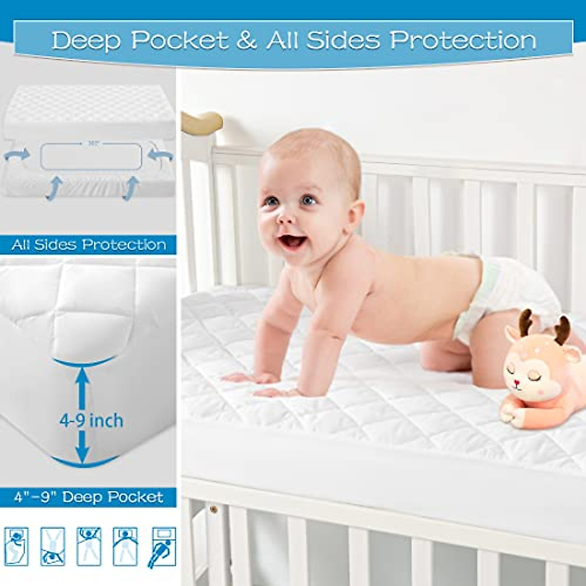 GRT 2 Pack Waterproof Crib Mattress Protector, Quilted Baby Mattress Cover Fitted Deep Pocket from 4" up to 9", Extra Soft Breathable & Noiseless Toddler Mattress Pad 52"x28", White