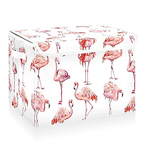 CaTaKu Flamingo White Storage Bins with Lids and Handles, Fabric Large Storage Container Cube Basket with Lid Decorative Storage Boxes for Organizing Clothes