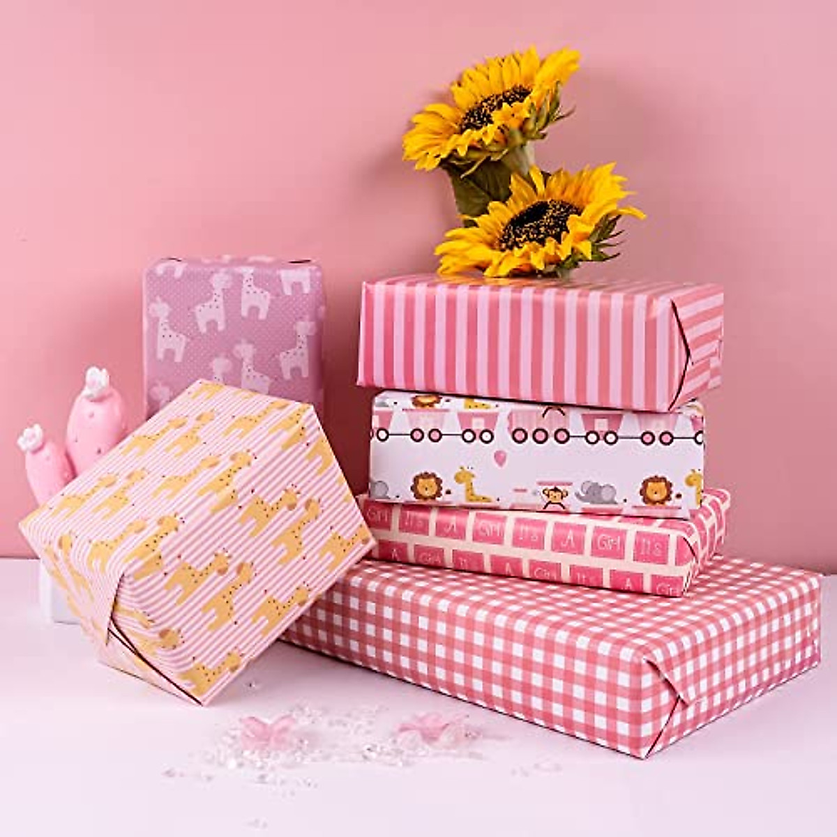 MAYPLUSS Wrapping Paper Large Sheet - Folded Flat - 6 Different Baby Girl Design (45.2 sq.ft.ttl) - 27.5 inch X 39.4 inch Per Sheet