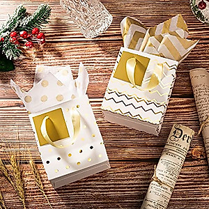 12 Pcs Small Gift Bags Mini Metallic Paper Bags with Handle Tag and Tissue, Wrap Bag for Birthday Wedding Christmas Holiday Baby Shower, 4 x 2.8 x 4.5 Inch (White Gold)