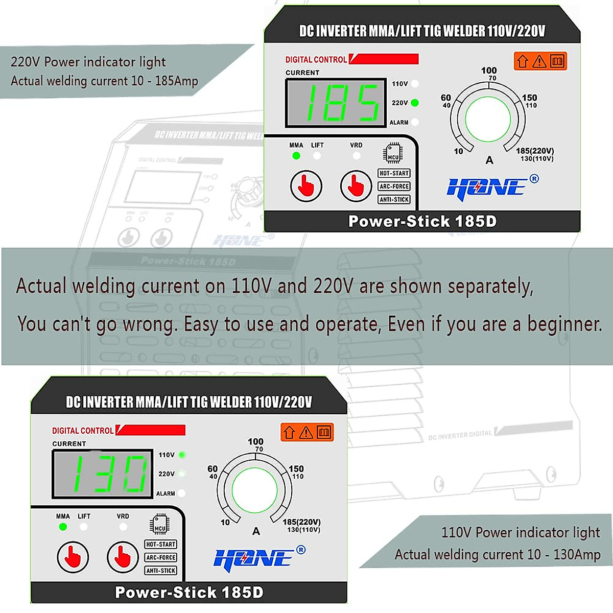 HONE ARC Welder, Actual 185Amp 110V/220V Stick Welder with Lift Tig Function, Digital IGBT Inverter Welding Machine with Hot Start Arc Force Anti-Stick VRD, High Duty Cycle for 1/16"-5/32" Welding Rod