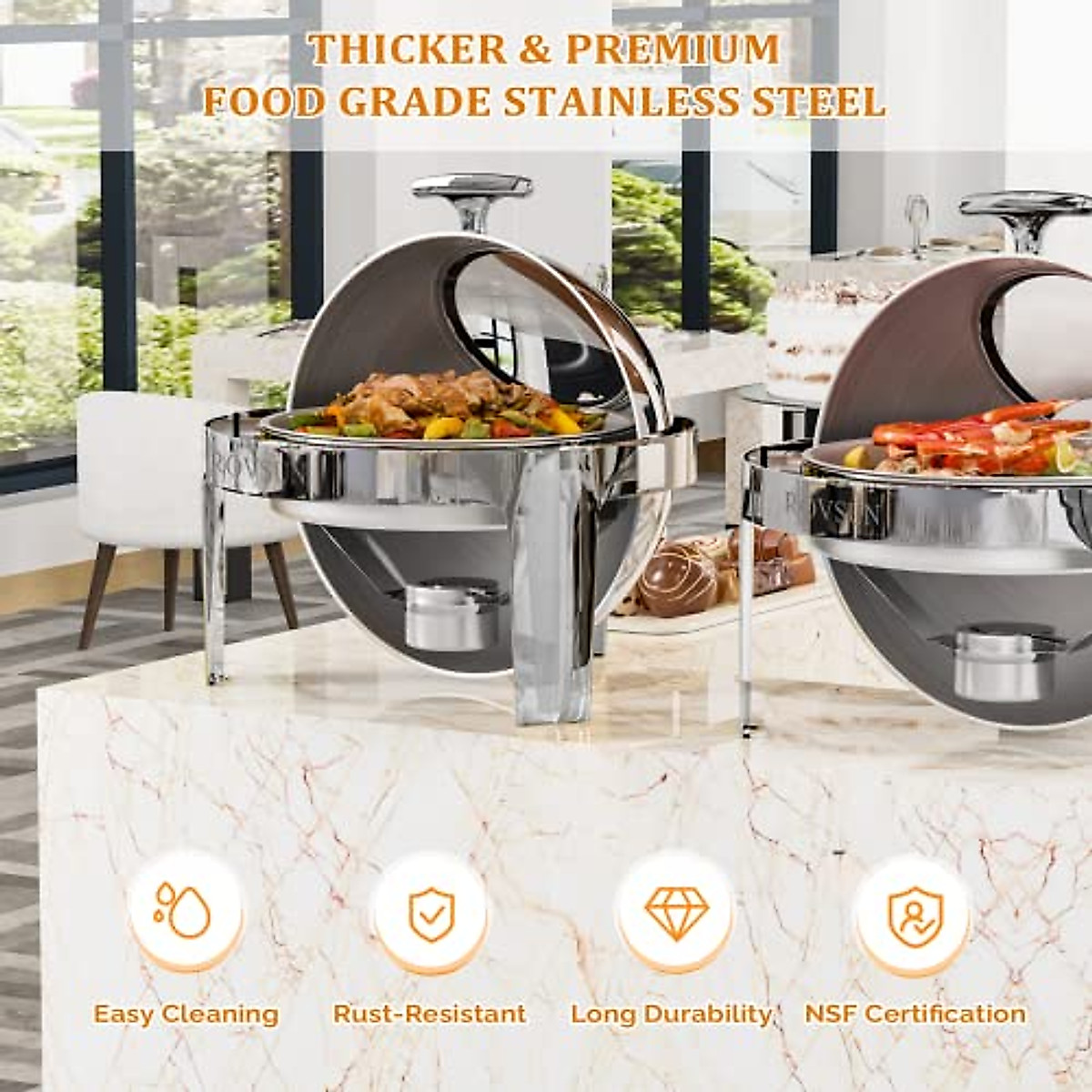 ROVSUN 3 Packs Roll Top Chafing Dish Buffet Set,6 Quart Round Stainless Steel Chafer for Catering,Buffet Servers and Warmers Set with Glass Window for Wedding, Parties, Banquet, Events，Graduation