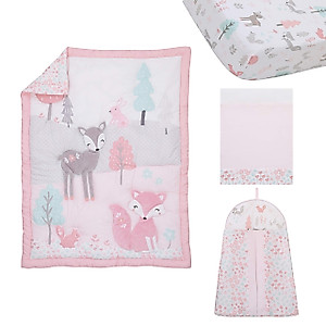 NoJo Sweet Forest Friends - Pink, Aqua, Grey & White 4Piece Nursery Crib Bedding Set - Comforter, Fitted Crib Sheet, Dust Ruffle, Diaper Stacker, Pink, Aqua, Grey, White
