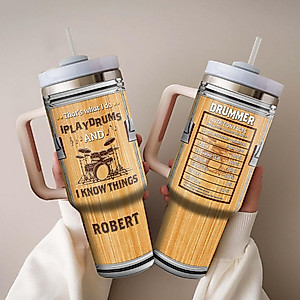 WAZONE Personalized Drummer Nutrition Facts Tumbler 40oz with Handle and Straw Custom Name I Play Drums And I Know Things Funny Saying Music Travel Mug Cool Gifts For Drummers Enthusiast Men