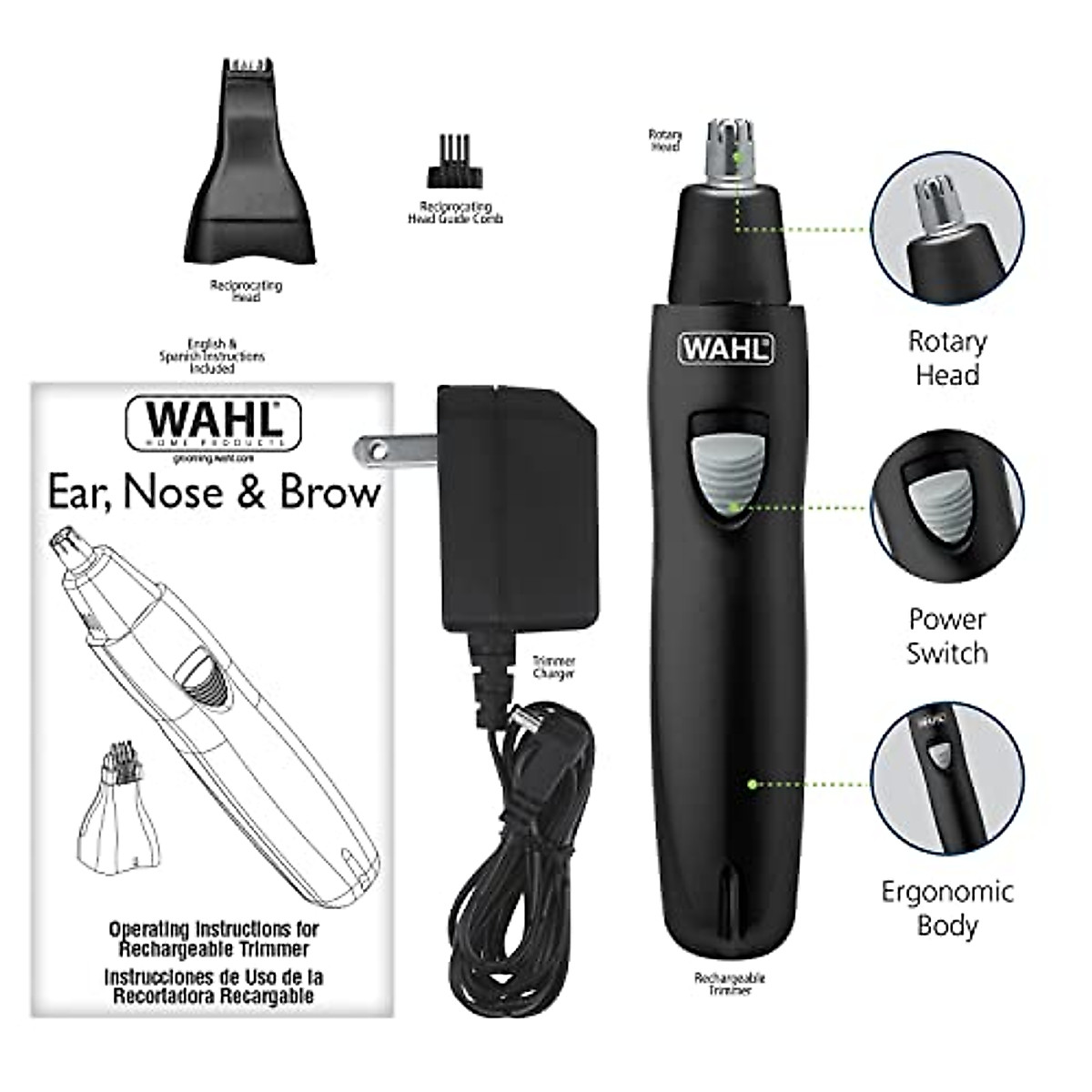 Wahl Groomsman Rechargeable Personal Pen Trimmer & Detailer for Hygienic Grooming with Rinsable, Interchangeable Heads for Eyebrows, Neckline, Nose, Ears, & Other Detailing - Model 3023284