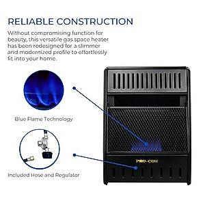 ProCom ML100TBAHR Ventless Propane Gas Blue Flame Space Heater with Thermostat Control for Living Room, Bedroom, Home Office, 10000 BTU, Heats Up to 300 Sq. Ft., Includes Wall Mount, Black