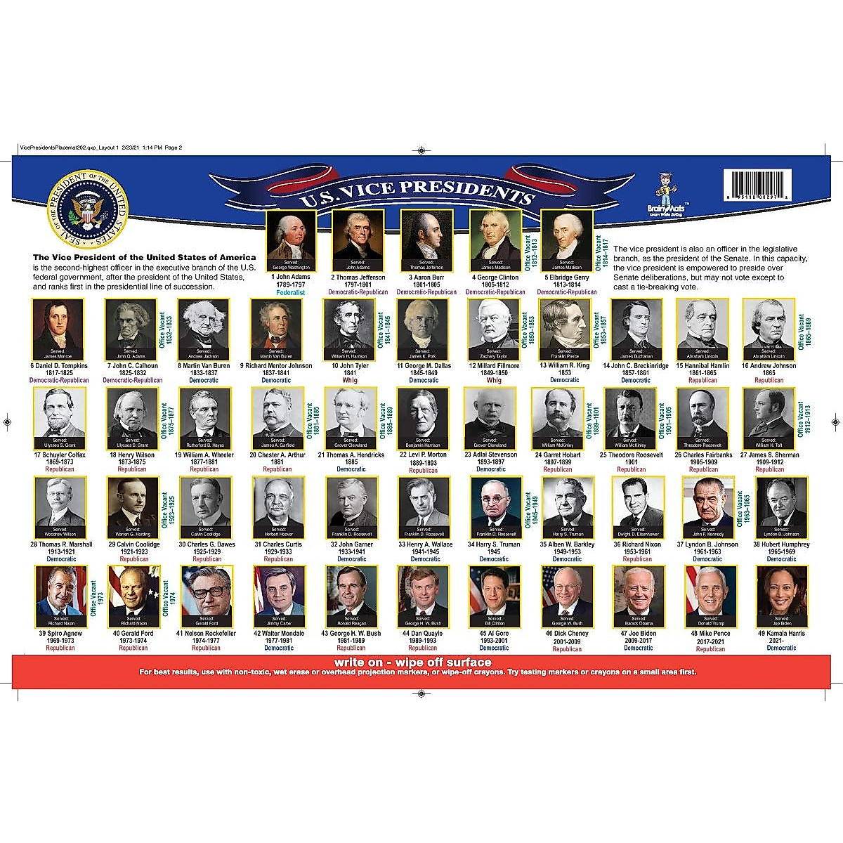 Brainy Mats Presidents Placemat for Kids 17 X 11