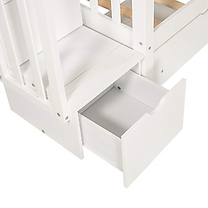 Full Over Full Bunk Bed with Shelves and 6 Storage Drawers, Solid Wooden Bunk Bed Frame with Storag Staircase, Safety Guardrail for Kids Teens Adults, No Box Spring Needed (White)