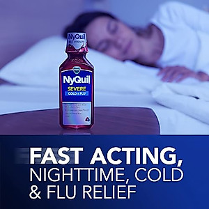 Vicks NyQuil SEVERE Cold and Flu Relief Liquid Berry Flavored Medicine, Maximum Strength, 9-Symptom Nighttime Relief For Fever, Sore Throat, Nasal Congestion, Sinus Pressure, Sneezing, Cough, 12 FL OZ