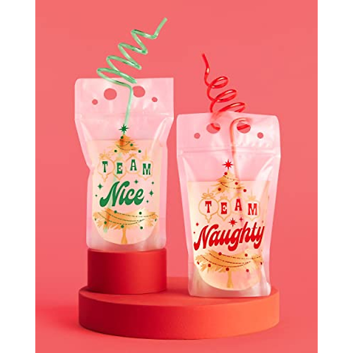 xo, Fetti Red + Green Christmas Drink Pouches + Xmas Tree Straws - 20 count | Team Naughty + Team Nice, Christmas Drinkware