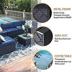 PHI VILLA Patio Furniture Set Outdoor Wicker Sectional Sofa, Low Back Rattan Patio Conversation Set for Large Space with Tea Table, Clips & Washable Couch Cushions(9 Piece, Navy Blue)