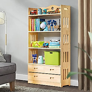 MoNiBloom 4 Tier Bookcase with Open Shelves and 2 Drawers, Solid Wood Large Storage Organizer Book Shelf Cabinet Display Organizer for Kids Room Living Room Bedroom, Natural