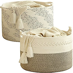 KAKAMAY Large Cotton Rope Blanket Basket (20"x13"),Woven Baby Laundry Hamper，Blanket Basket for Nursery, Laundry, Living Room, Pillows, Toys （White/Beige）