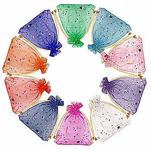 SUMAJU 100 Pieces Moon Star Organza Jewelry Candy Bags, 2.7x3.5 Inch Random Color Organza Favor Bags Gift Pouch with Drawstring for Wedding Party Valentine's Day