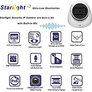 Starlight 4MP IP Camera PoE 2.8mm, Outdoor Turret Security Camera with Built-in Mic, Human/Vehicle Detection,IR 164fts Night Vision, IP67 Weatherproof, CCTV Surveillance System,SD Card Slot（256GB）