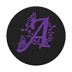 Black Purple Violet Monogram Letter A Initial Butterfly PopSockets Swappable PopGrip