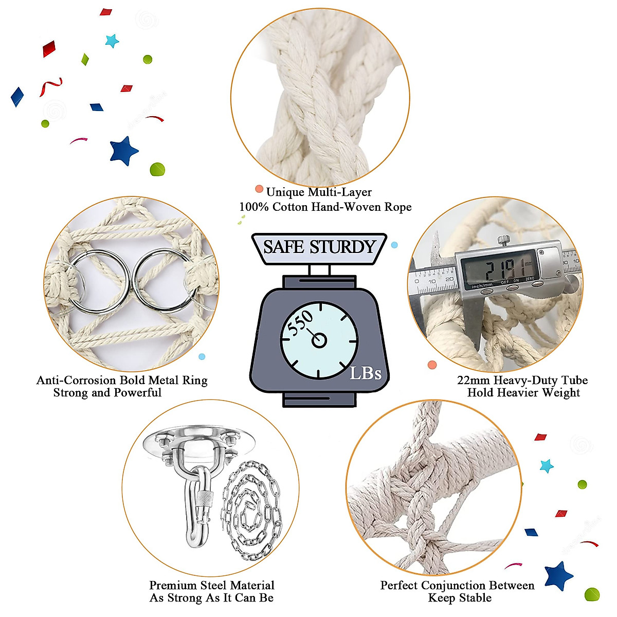 Hanging Chair for Bedroom Hammock Chair Swing with Lights and Hardware Kits Holds Up to 550Lbs Macrame Swing Chair Hanging Cotton Rope Swing Chair for Bedroom, Patio, Deck, Garden and Porch-KASHAN