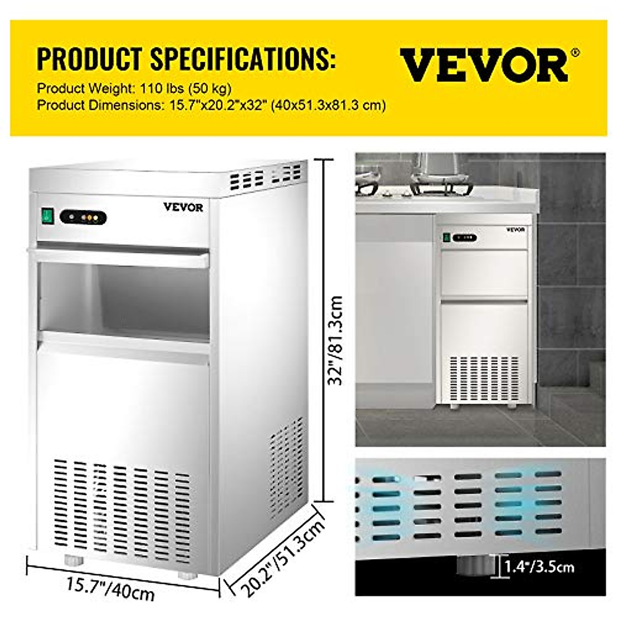 VEVOR 110V Commercial Snowflake Ice Maker 132LBS/24H, ETL Approved Food Grade Stainless Steel Flake Ice Machine Freestanding Flake Ice Maker for Seafood Restaurant, Water Filter and Spoon Included