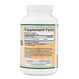 Mucuna Pruriens Extract Capsules - Dopamine Boosting Supplement - 210 Count, 1,000mg Per Serving, 20% (from Velvet Bean) (for Mood and Motivation Support) Third Party Tested by Double Wood