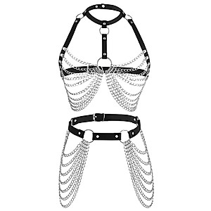 NICEIGHT Punk Leather Body Chains for Women Layered Waist Belly Chain Belt Black Chest Chain Gothic Party Rave Body Jewelry