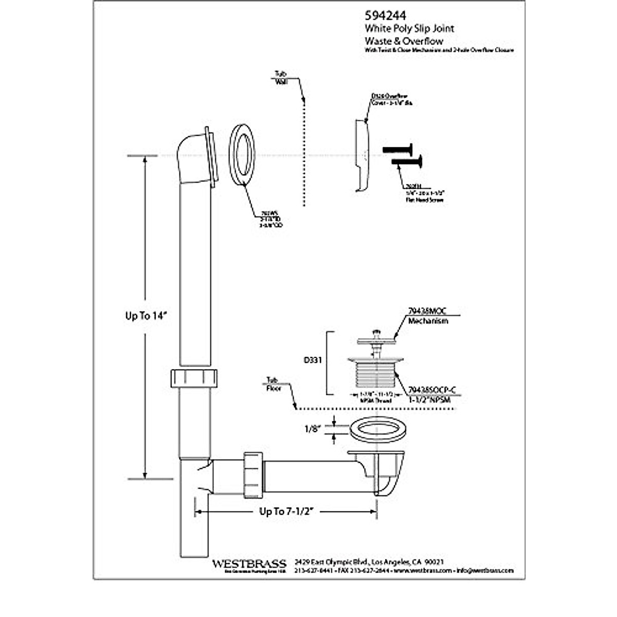 Westbrass 594244-12 14" White Tubular Bath Waste & Overflow Assembly with Twist & Close Drain Plug and 2-Hole Faceplate, Oil Rubbed Bronze