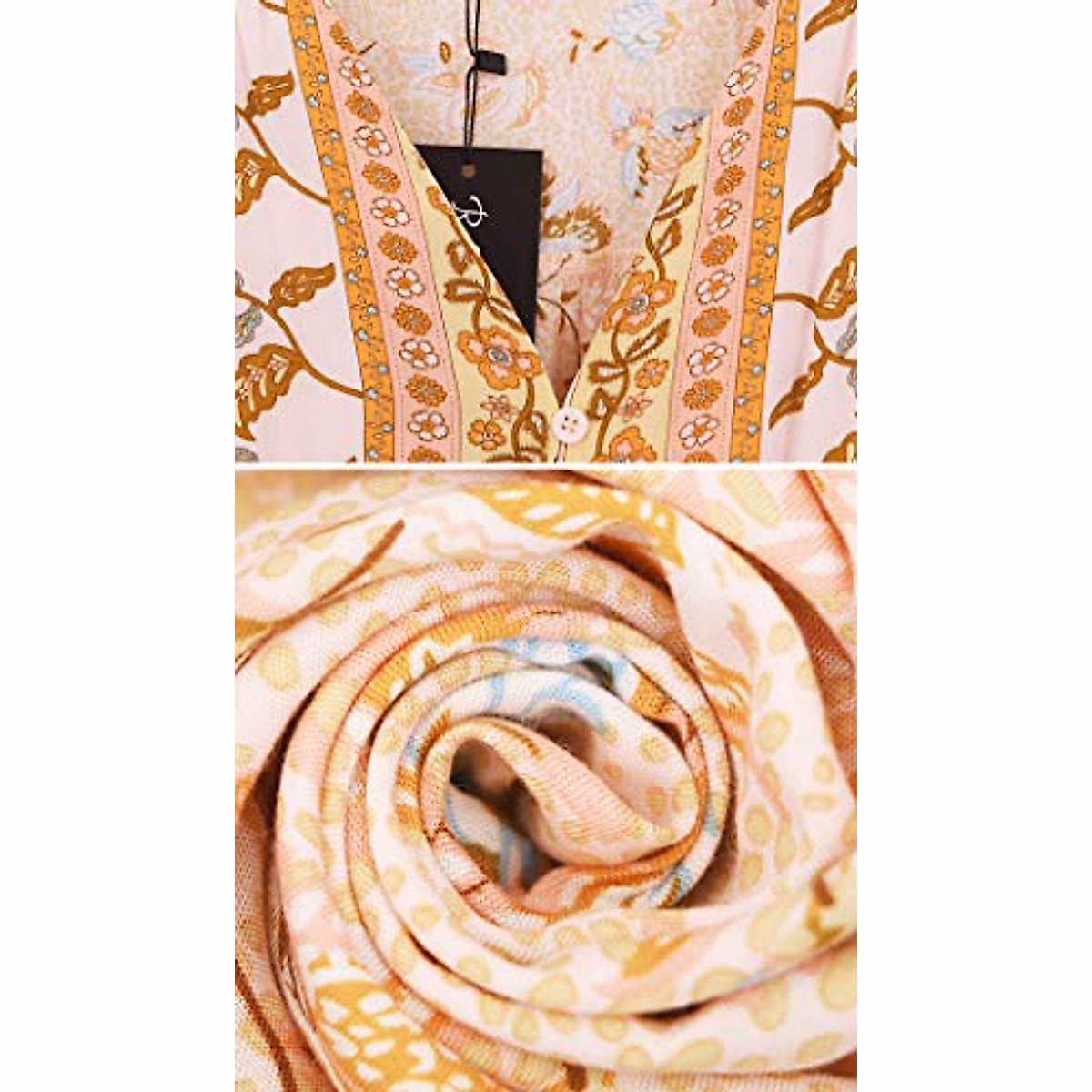 R.Vivimos Women's Long Sleeve Cotton V-Neck Button Up Floral Print Boho Flowy Midi Dresses (Medium, Peach)