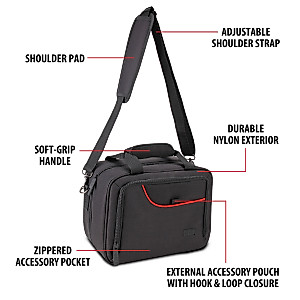 USA Gear Carrying Case Compatible with Logitech G Cloud, ASUS ROG Ally, PS5 Portal, Lenovo Legion Go & More - Protective Shoulder Bag Fits Headsets, Portable Console, AC Adapter, Dock Station - Red