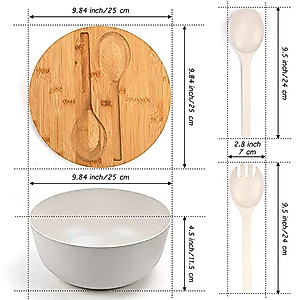 Large Salad Bowl with Lid, Bamboo Fiber Salad Serving Bowl Set with Utensils, 9.8inches Mixing Bowl with Servers, Solid Bamboo Wooden Bowl for Salad, Fruits, Vegetables and Pasta(White)
