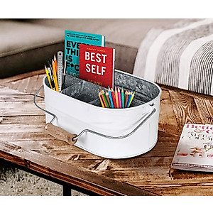 Life By Cotton Farmhouse Galvanized Flatware Caddy Organizer for Home & Kitchen Counter-top/Outdoor Storage Dining Table Comfortable with Wooden Handle Storage - White ( Size - 13.5L x10W x 5.5H )