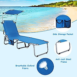 Tangkula Outdoor Folding Chaise Lounge Chair, 5-Fold Reclining Beach Chair, Patio Recliner Chair w/ 360° Canopy Shade & Side Storage Pocket, Portable Chaise Lounge for Beach, Sunbathing (1, Navy)