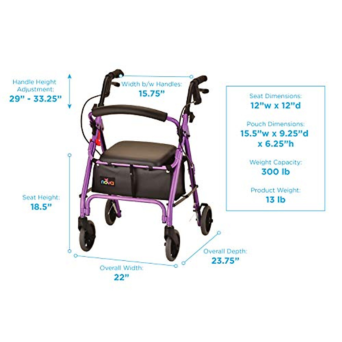 NOVA GetGo Petite Rollator Walker (Petite & Narrow Size), Rolling Walker for Height 4'10" - 5"4", Seat Height is 18.5 Inch, Ultra Lightweight - Only 13 lbs with More Narrow Frame, Color Purple