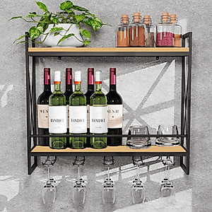 uyoyous Industrial Wine Racks 23.6 Inch Wall Mounted Wine Rack with Wine Bottles and Glass Holder 2-Tier Rustic Metal Hanging Wine Storage Display Shelf for Home Restaurant Bar