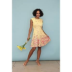 London Times Women's Floral Border Cap Sleeve Fit & Flare Dress, Yellow/Spiced Coral, 4