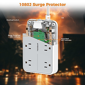 Surge Protector Power Strip 10 ft, TESSAN Flat Plug Ultra Thin Extension Cord with 6 Wide-Spaced Outlets 3 USB Ports (1 USB C Port), 1080J Protection, Wall Mount for Home, Office, Dorm Essentials