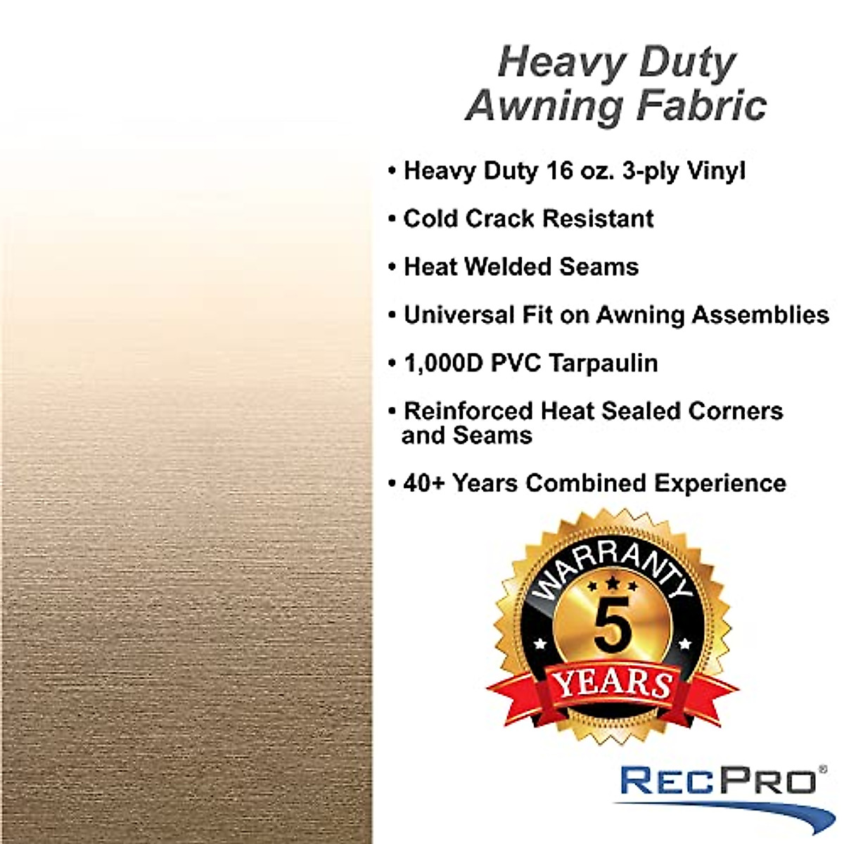RecPro RV Awning Fabric Replacement 17 Foot Camper Awning | Tan | Width Size Options | 8' (96") Length | Heat Sealed | 3 Year Warranty (17 Feet, Actual 16' 1")