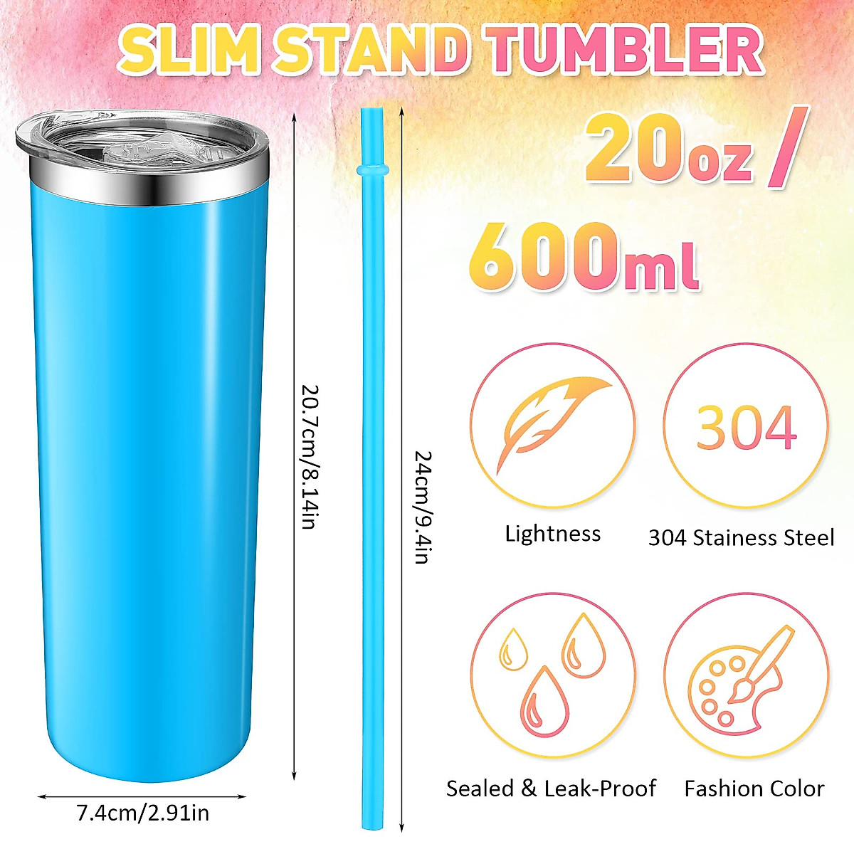 16 Pack Skinny Tumblers with Lids and Straws 20 oz Double Wall Vacuum Slim Water Tumbler Cup Stainless Steel Insulated Skinny Travel Mug Coffee Mug for Hot Cold Drink, 16 Colors