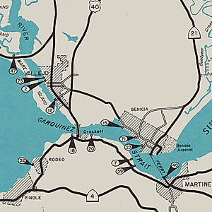 Map of Central California Striped Bass Fishing Grounds, Waterways, and Roads circa 1952 - from San Francisco to Stockton - Maps Inset Shows Boat Rentals (24 inches x 36 inches)
