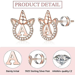 Unicorns Gifts for Girls, S925 Sterling Silver Post Rose Gold Plated Letter A Initial Stud Earrings Cubic Zirconia Hypoallergenic Unicorn Stud Earrings for Girls Women Unicorn Lovers Jewelry for Kids